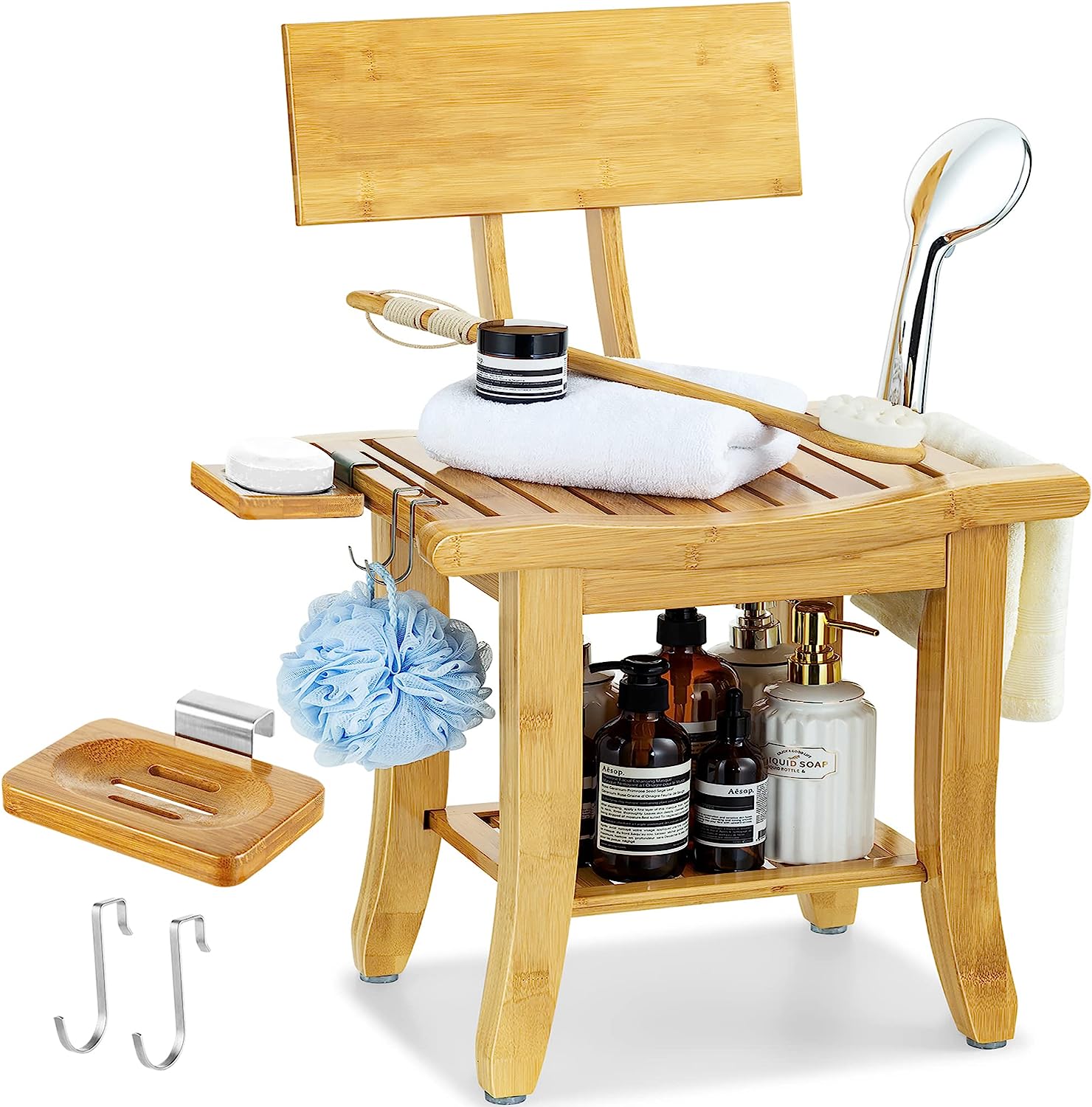 ETECHMART Bamboo Shower Bench with Back and Soap Dish